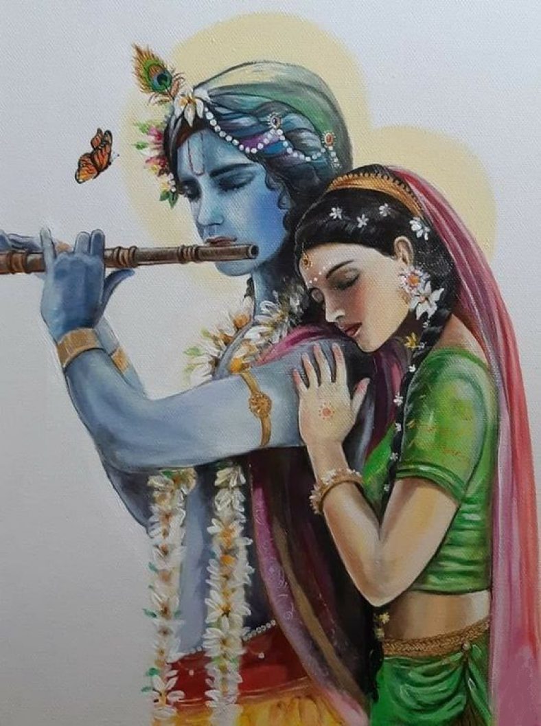 Lord krishna Playing flute With Radha Hand Painted Painting
